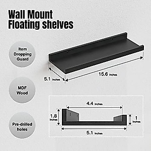 RICHER HOUSE 5 Set Floating Wall Mounted Shelves, Black Shelves for Wall Decor, Modern Picture Ledge Shelf with Lip for Storage, Nursery, Bedroom, Living Room, Bathroom - Black