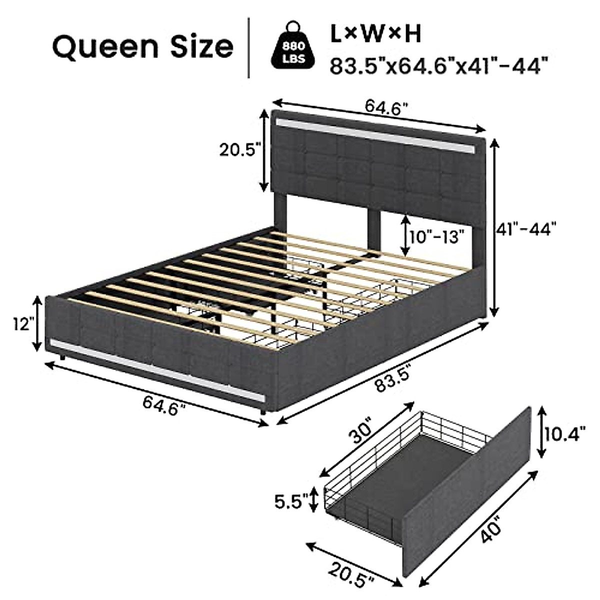 ADORNEVE Queen LED Bed Frame with 4 Drawers and 2 USB Charging Station, Queen Size Bed Frame with LED Lights Headboard Footboard, Upholstered Platform Bed with Storage, No Box Spring Needed, Dark Grey