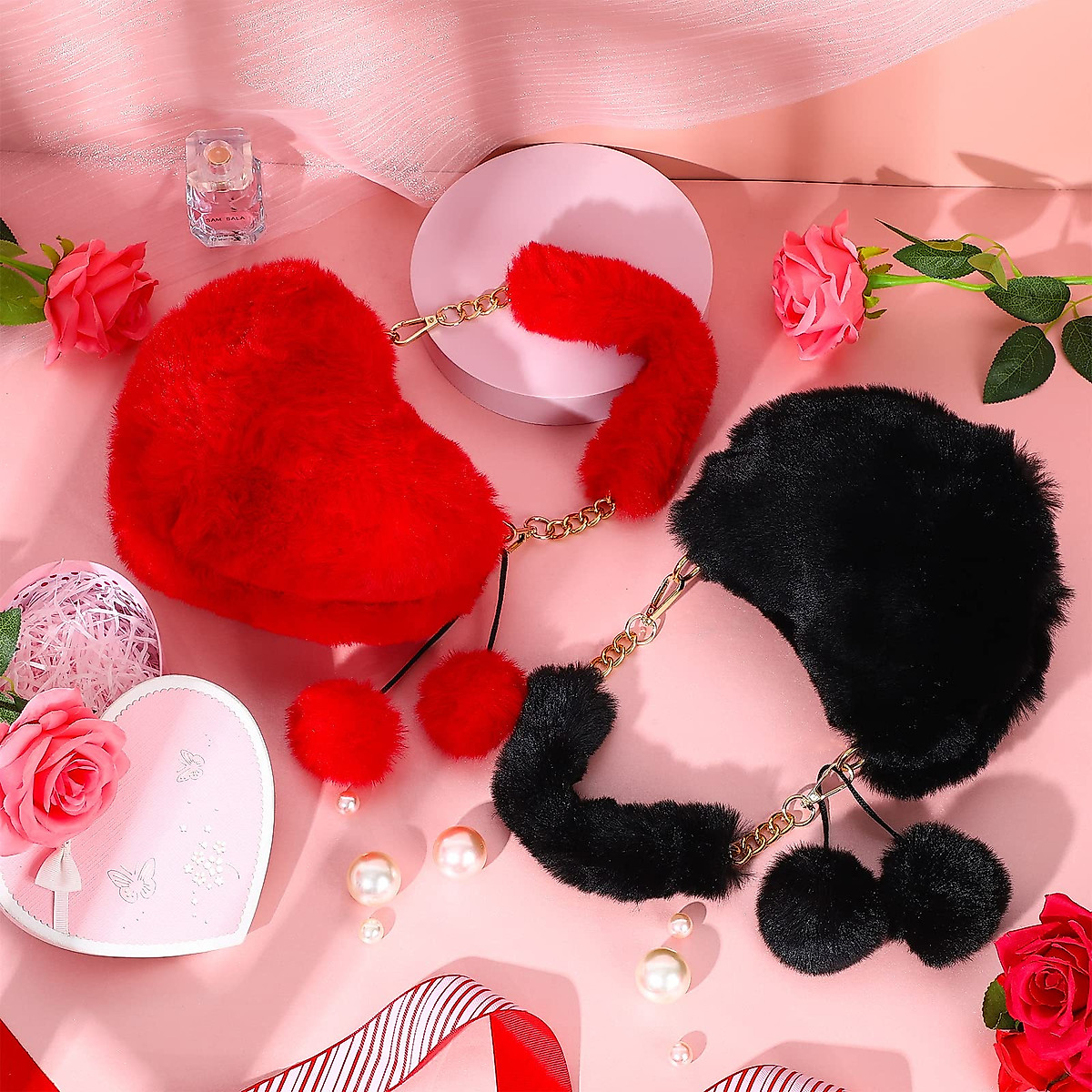 Saintrygo 2 Pcs Valentines Day Furry Purse Heart Shaped Purse Women Soft Fluffy Faux Fur Handbag Gift for Christmas(Red, Black)