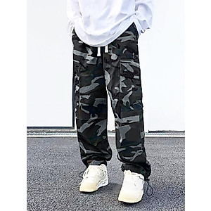 WDIRARA Men's Camo Print Drawstring Flap Pocket Side High Waist Cargo Pants Grey Camo L