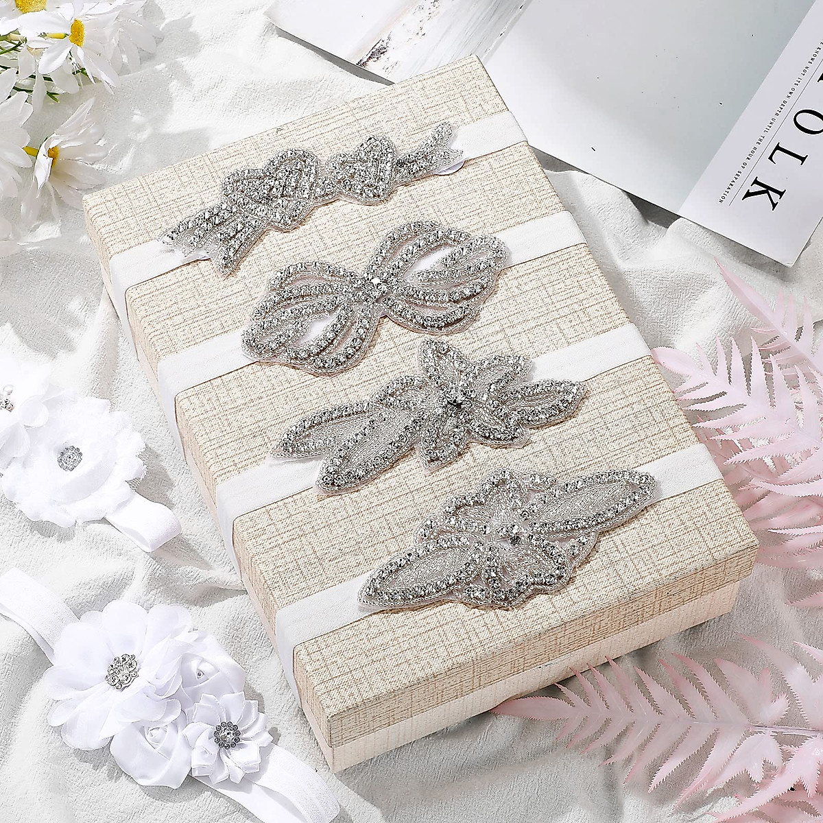 Juinte 6 Pcs White Baptism Headband for Baby Girl Toddler Elastic Chiffon Flower Crystal Lace Headbands Christening White Baby Baptism Headband Gifts Birthday Baby Shower Party(Elegant Style)