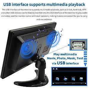 Qcvoruno 10.1 inch Security Monitor & Displays, 1024 * 600 Resolution, HD/BNC/AV/VGA/USB Input, Built-in Dual Speakers Portable LCD Monitor, Suitable for Game CCTV PC DVD DSLR