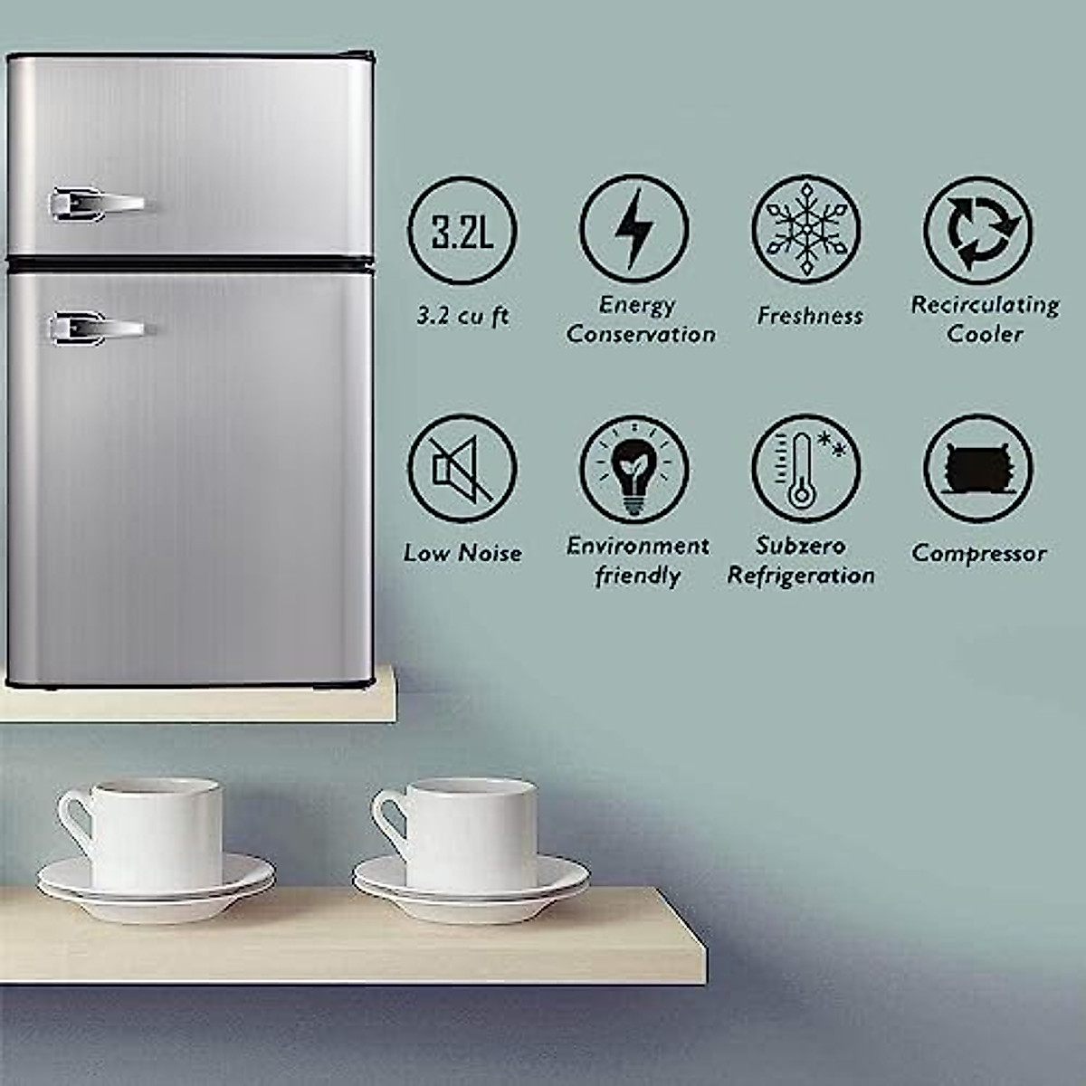 Antarctic Star Mini Refrigerator 3.2Cu.Ft Compact Fridge Defrost Double Doors Freezer Energy Saving Storage of Beverages Vegetables Fruits Suitable for Kitchen Living Room Office Dorm Grey