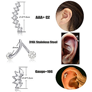 JOERICA 3 Pairs Stainless Steel Silver Ear Cartilage Earrings for Women Tragus Helix Earring Cute Conch Flat Back Piercing Jewelry 16G