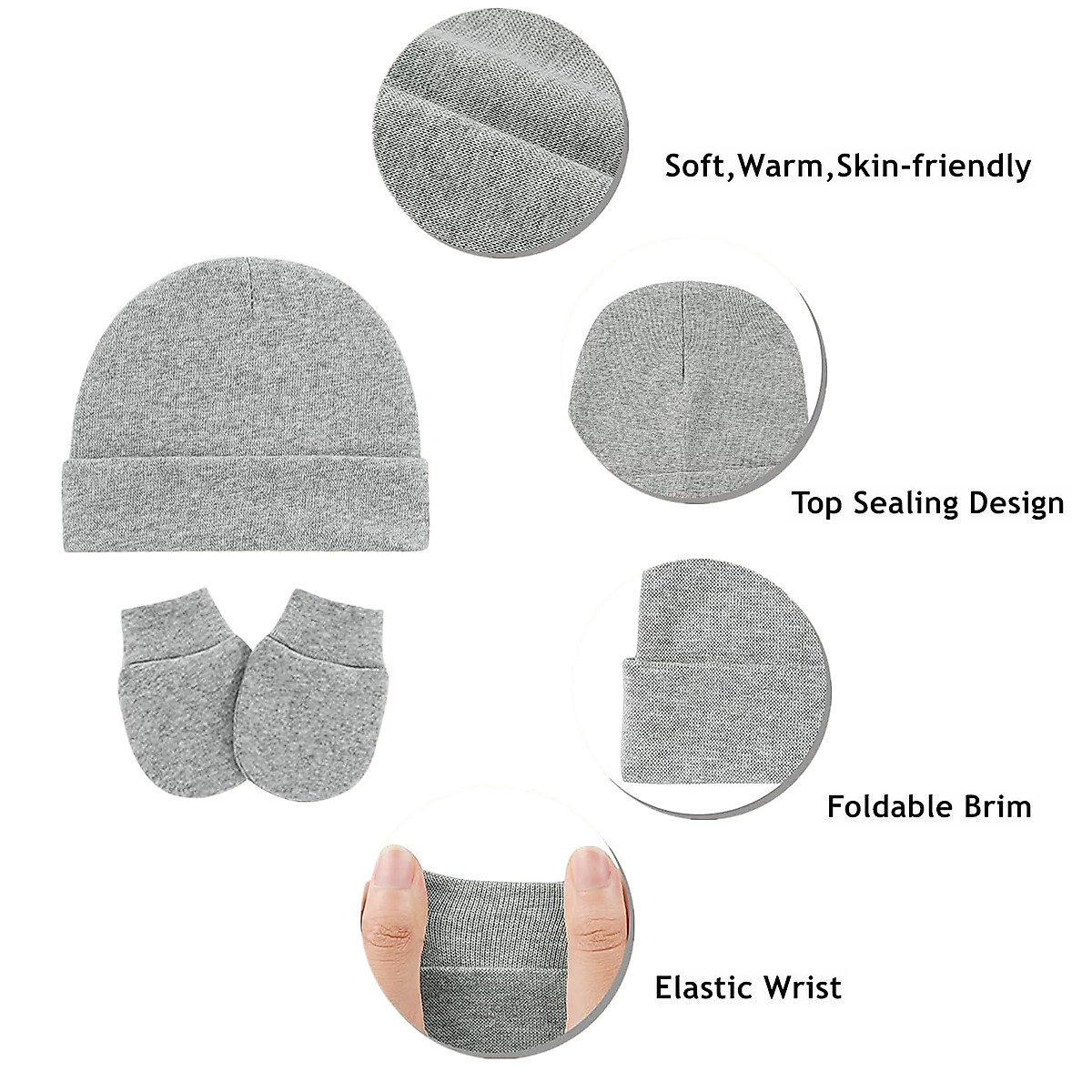 Century Star Newborn Hats Baby Hats and Mittens Knit Infant Baby Hat for Boys Girls Newborn Beanie and Mitten Set D Black&White&Grey&Dark Grey&Navy&Stripes 0-6 Months