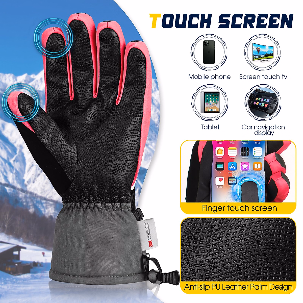 MORXPLOR Ski Snow Gloves for Men Women,3M Thinsulate Insulated Warm Winter Snowboard Gloves,Waterproof Windproof Winter Touchscreen Snowmobile Gloves for Cold Weather