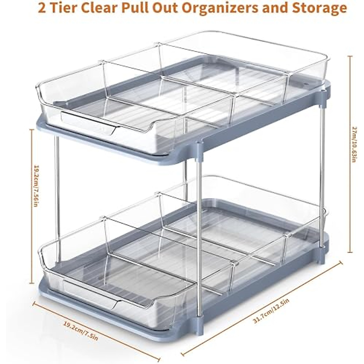 2 PCS Under Sink Organizers and Storage - 2 Tier Clear Bathroom Organizer Countertop, Multifunction Pull out Cabinet Organizer with 4 Movable Dividers, For Home, Kitchen, Office, Cabinet