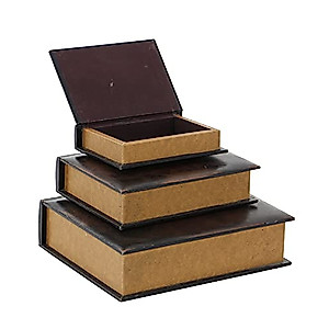 Deco 79 Wood Faux Book Box with Faux Leather Detailing, Set of 3 13", 10", 8"H, Brown