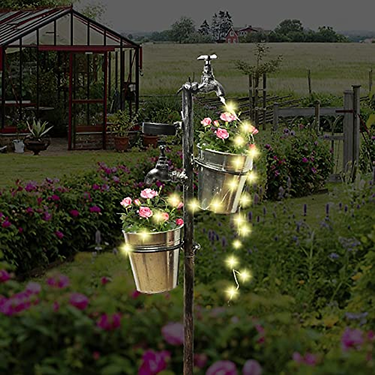 MorTime Solar Faucet Garden Stake with Two Planters, LED Lights Flowing Water Retro Metal Faucet Yard Stake Outdoor Plant Holder Flower Pots for Lawn Garden Decorations