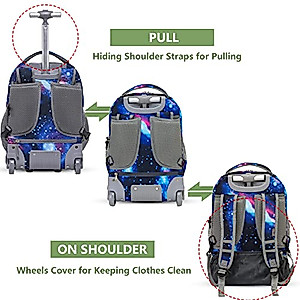 NEW TILAMI 18 Inch Rolling Backpack with Lunch Bag Wheeled Laptop Kids Backpack School Bags Trip Luggage, Deep Space