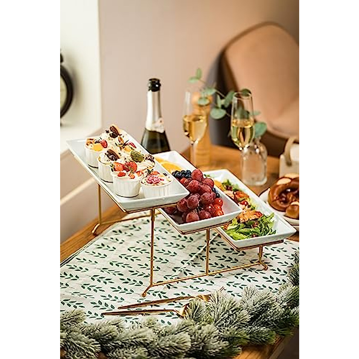 Large 3 Tier Serving Stand Tiered Serving Trays Collapsible Sturdier Rack with 3 Porcelain Serving Platters for Fruit Dessert Presentation Party Display Set, 14 Inch