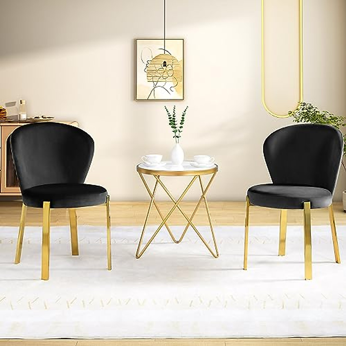 KithKasa Velvet Dining Chairs Set of 2 Upholstered Modern Kitchen Side Dinner Chairs with Golden Metal Legs for Vanity Dining Room, Black