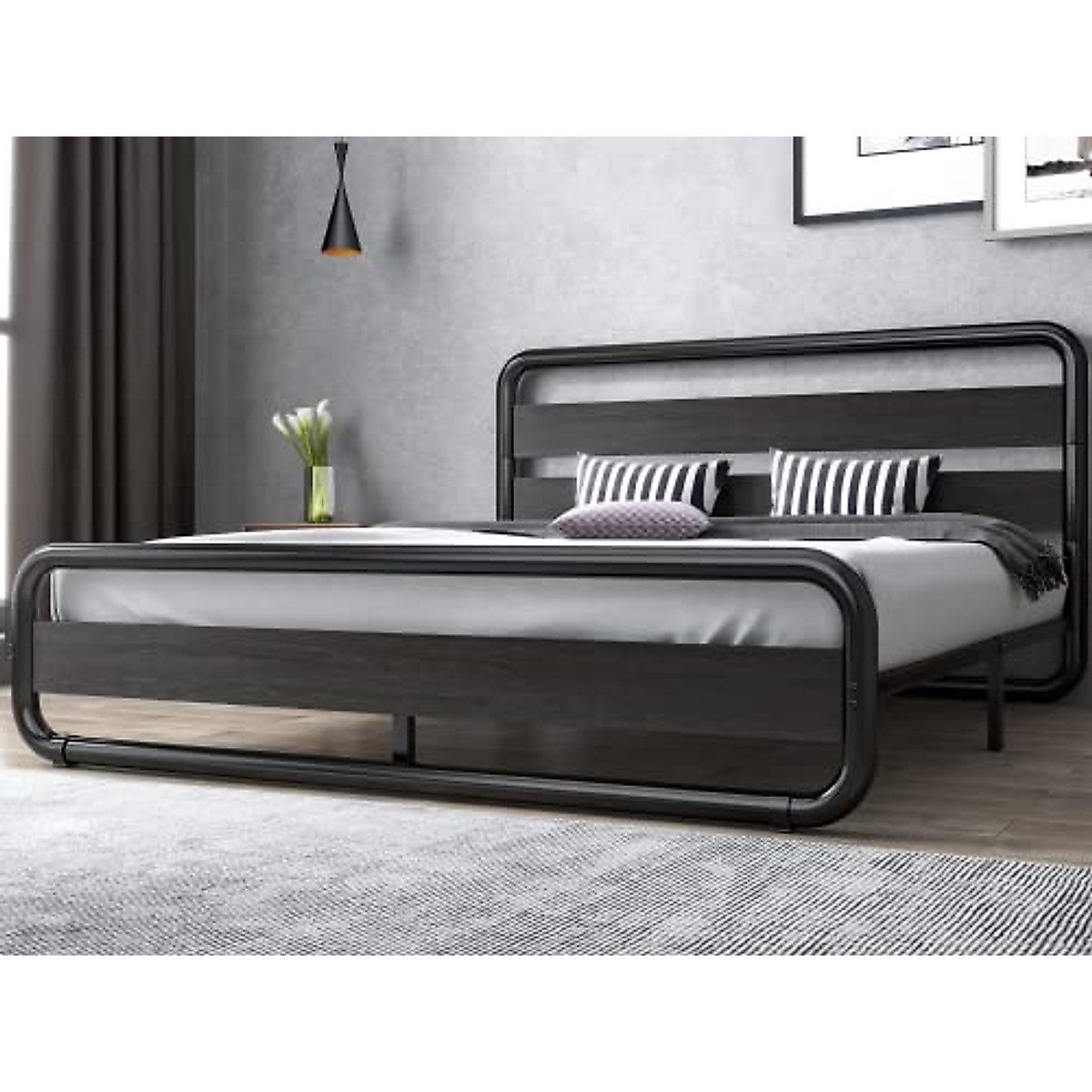 SHA CERLIN Black Queen Size Bed Frame with Wooden Headboard and Footboard, Heavy Duty Oval-Shaped Platform Bed with Under-Bed Storage, Noise Free, No Box Spring Needed