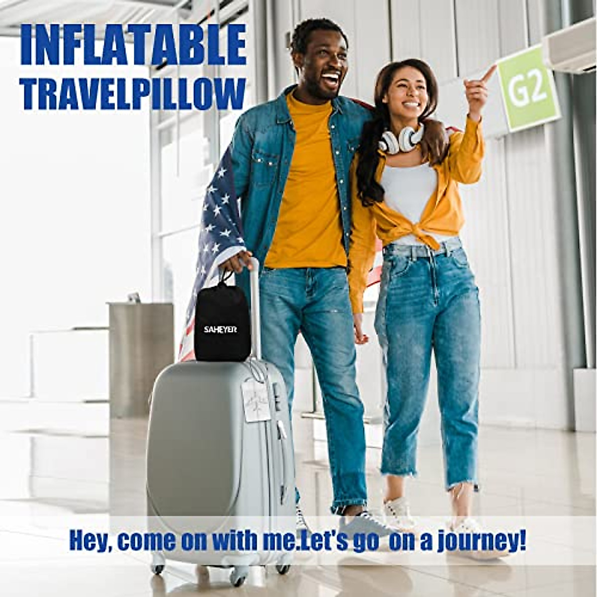 SAHEYER Inflatable Travel Pillow, Inflatable Neck Pillow for Airplane Travel Essentials and Office Nap, with 3D Eye Mask, Earplugs, Luggage Tag Initial & Portable Drawstring Bag (Black)