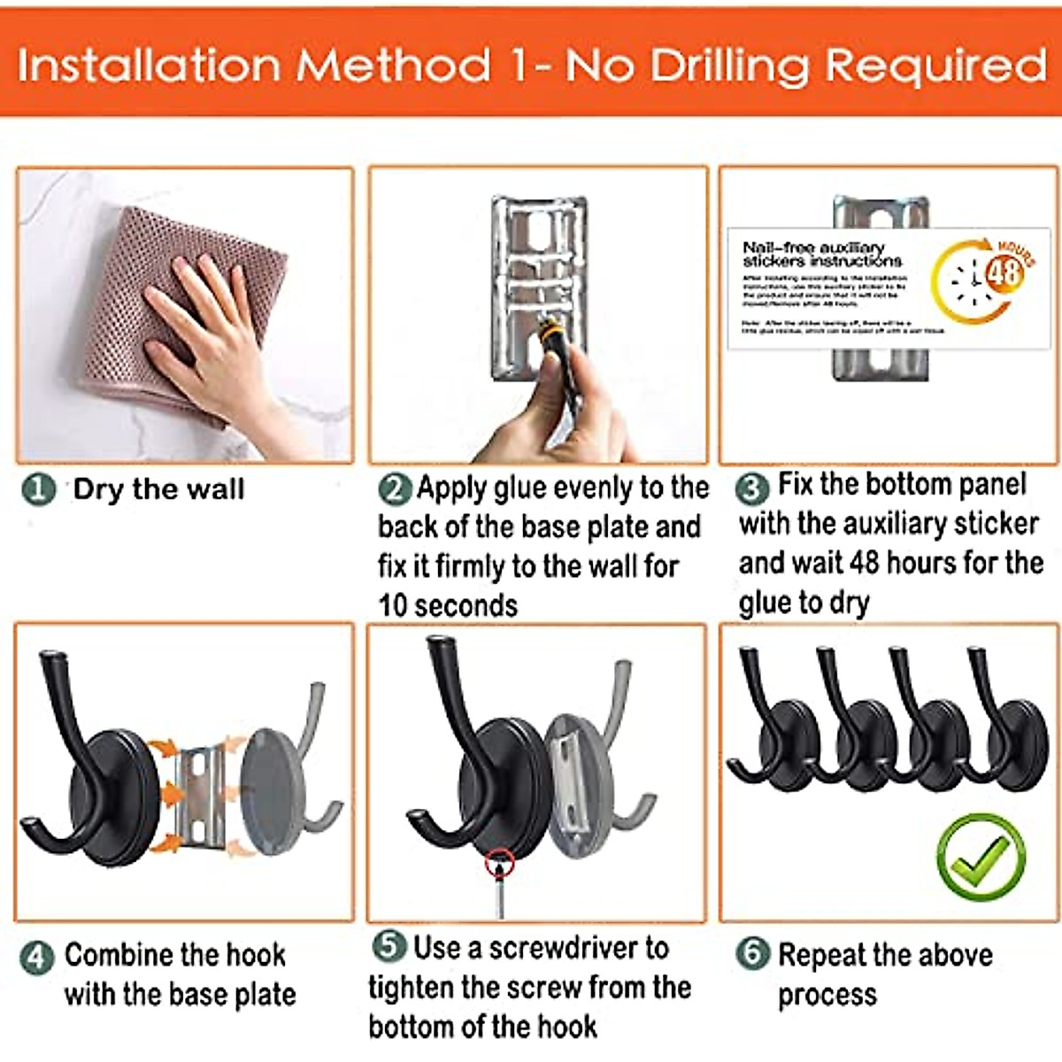 Valdivia Black Bath Towel Hooks, Heavy Duty Adhesive Hooks, Coat Robe Clothes Hook Wall Hook for Bathroom Kitchen Hotel, Closet Door Hooks Wall Mounted - 4 Packs