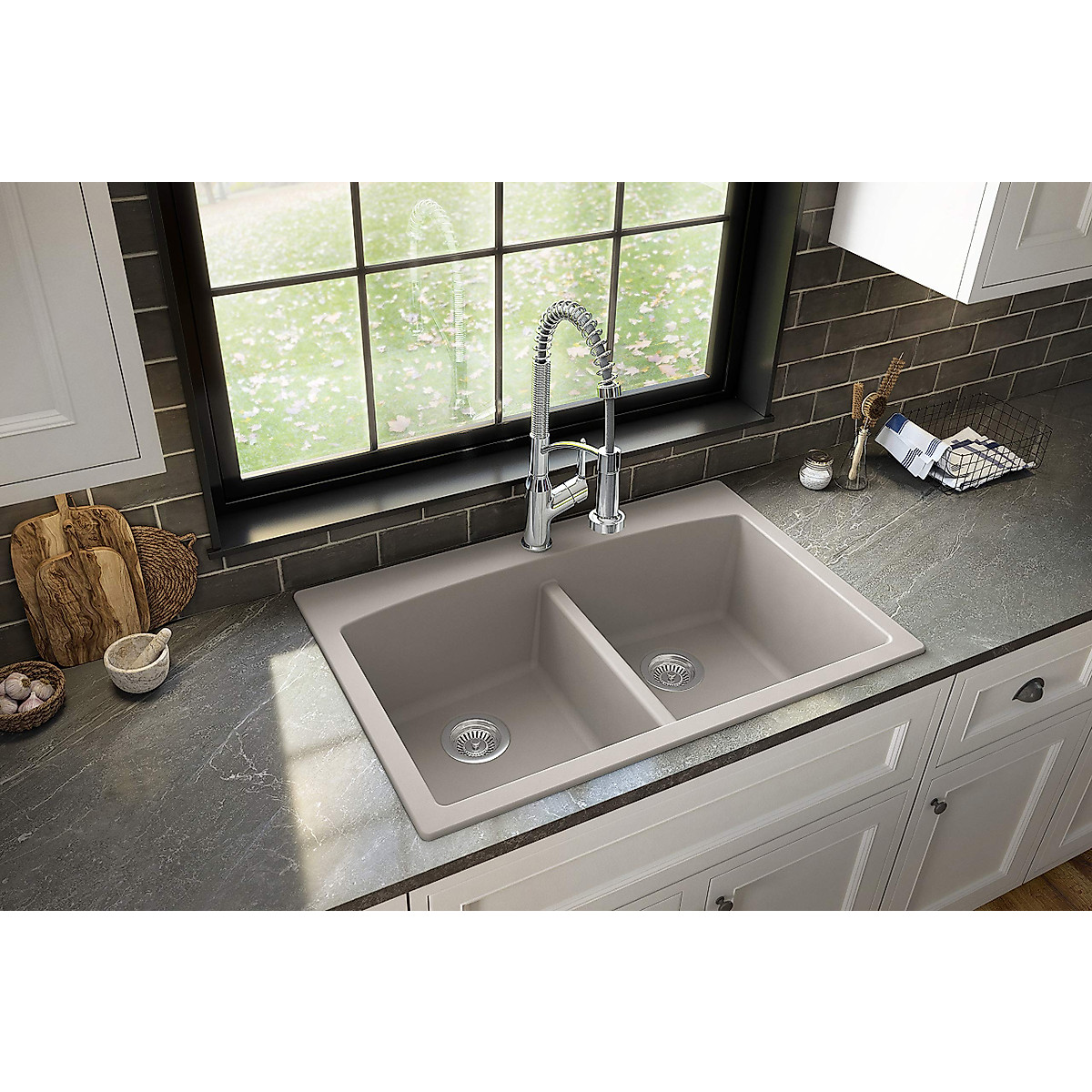 Karran QT-710 Drop-in Quartz Composite 33 in. 1-Hole 50/50 Double Bowl Kitchen Sink Kit in Concrete