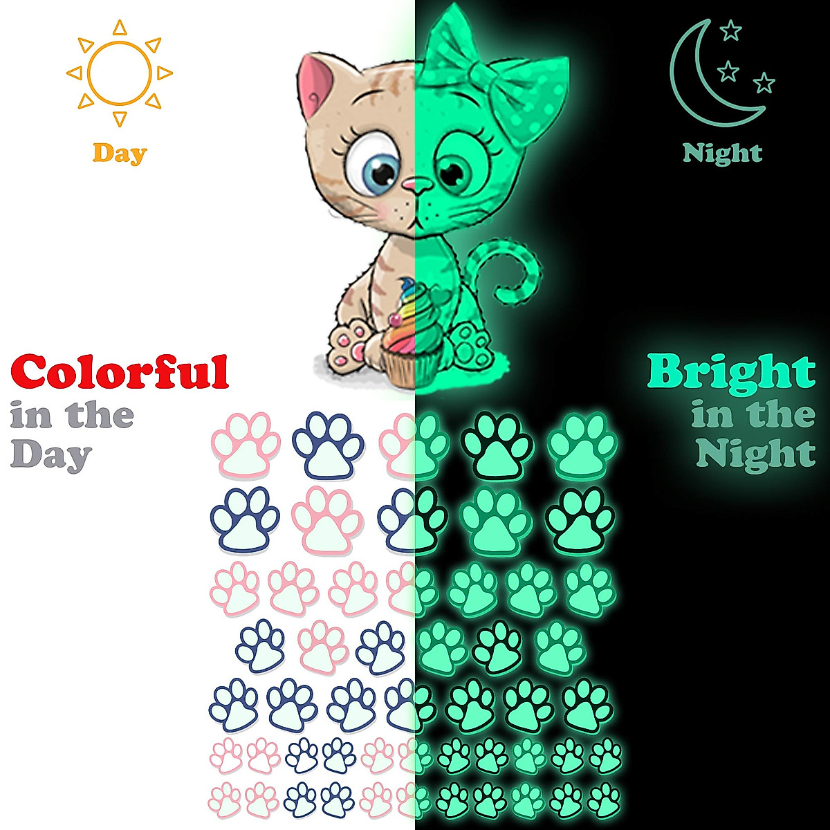 Glow in The Dark Cat Stickers with Dog and Fish, Wall Decals Sticker for Kids Bedding Room, Great for Birthday Gift Glowing Cat for Girls and Boys
