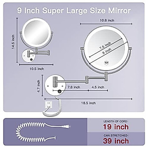 Benbilry LED Wall Mounted Makeup Mirror 9 Inch Super Large Size Double Sided with 1x/10x Magnification Extendable Lighted Magnifying Vanity Mirror with Lights 360° Swivel Round Bathroom Mirror