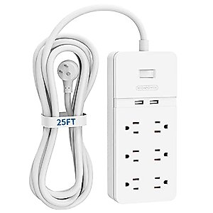 NTONPOWER 25 Ft Extension Cord Flat Plug, Surge Protector Power Strip with 6 Outlets 2 USB, 1875W/15A Circuit Breaker Overload Protection, 1080J, ETL Listed, Wall Mount for Home Office and Workbench