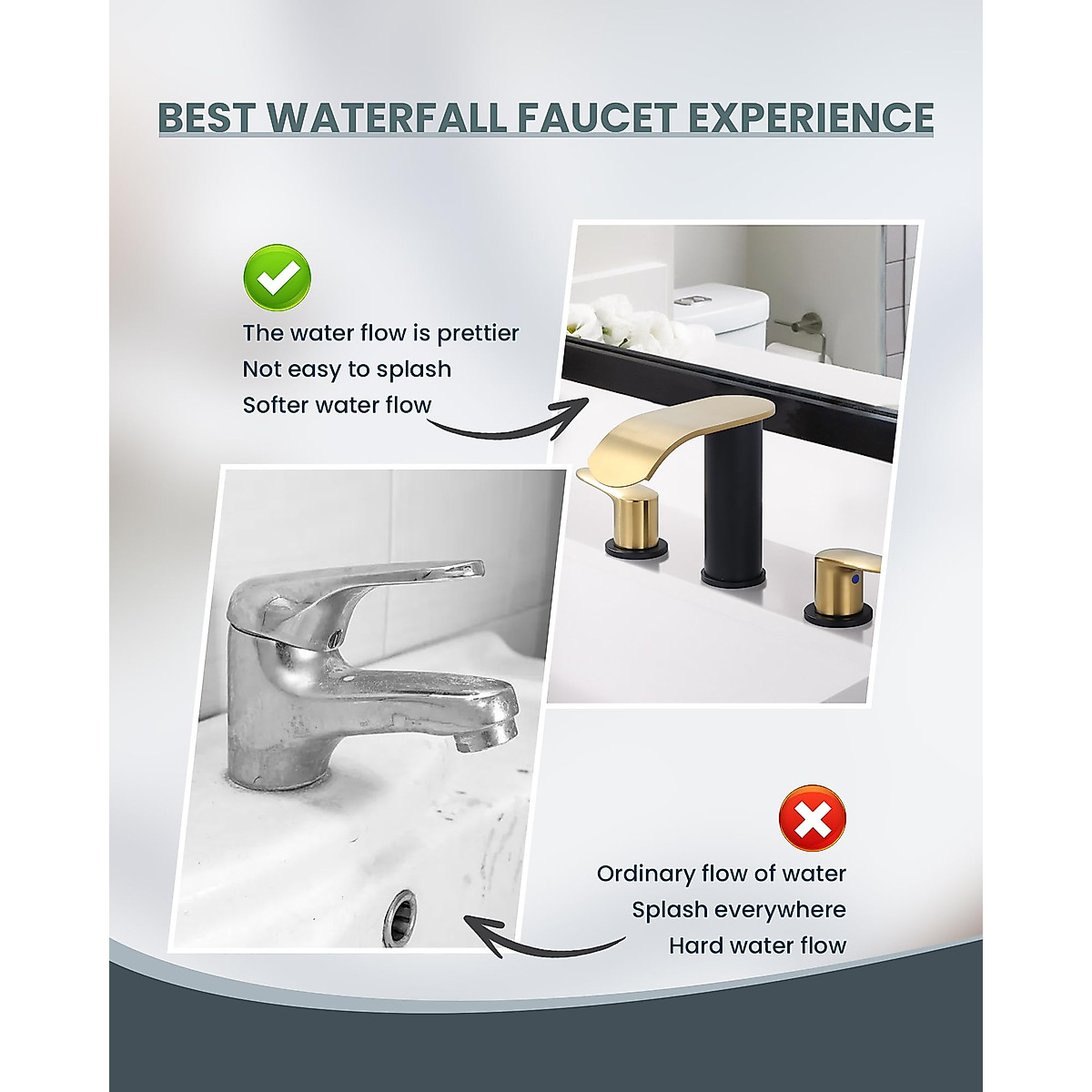 WOWOW Waterfall Bathroom Faucet 3 Holes 8Inch Widespread Bathroom Sink Faucet, Two Handles Lavatory Vanity Sink Faucets with Pop-up Drain & Supply Hoses, Modern Faucet Mixer Taps Black and Gold