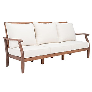 SAFAVIEH Couture Home Collection Payden Natural Wood/Beige Cushion 3-Seat Outdoor Patio Sunroom Porch Backyard Veranda Sofa