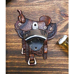 Ebros Gift Western Cowboy Farm Country Rustic Horse Saddle in Faux Tooled Leather Finish Wall Mounted Soda Beer Glass Bottle Cap Stainless Steel Metal Opener Sculpture Man Cave Accent