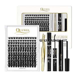 QUEWEL DIY Eyelash Extensions Kit, Lash Clusters 144 Pcs, Applicator Tool, Super Hold Cluster Lashes Bond and Seal, Glue Remover Easy to Apply at Home(Honey01-Kit)
