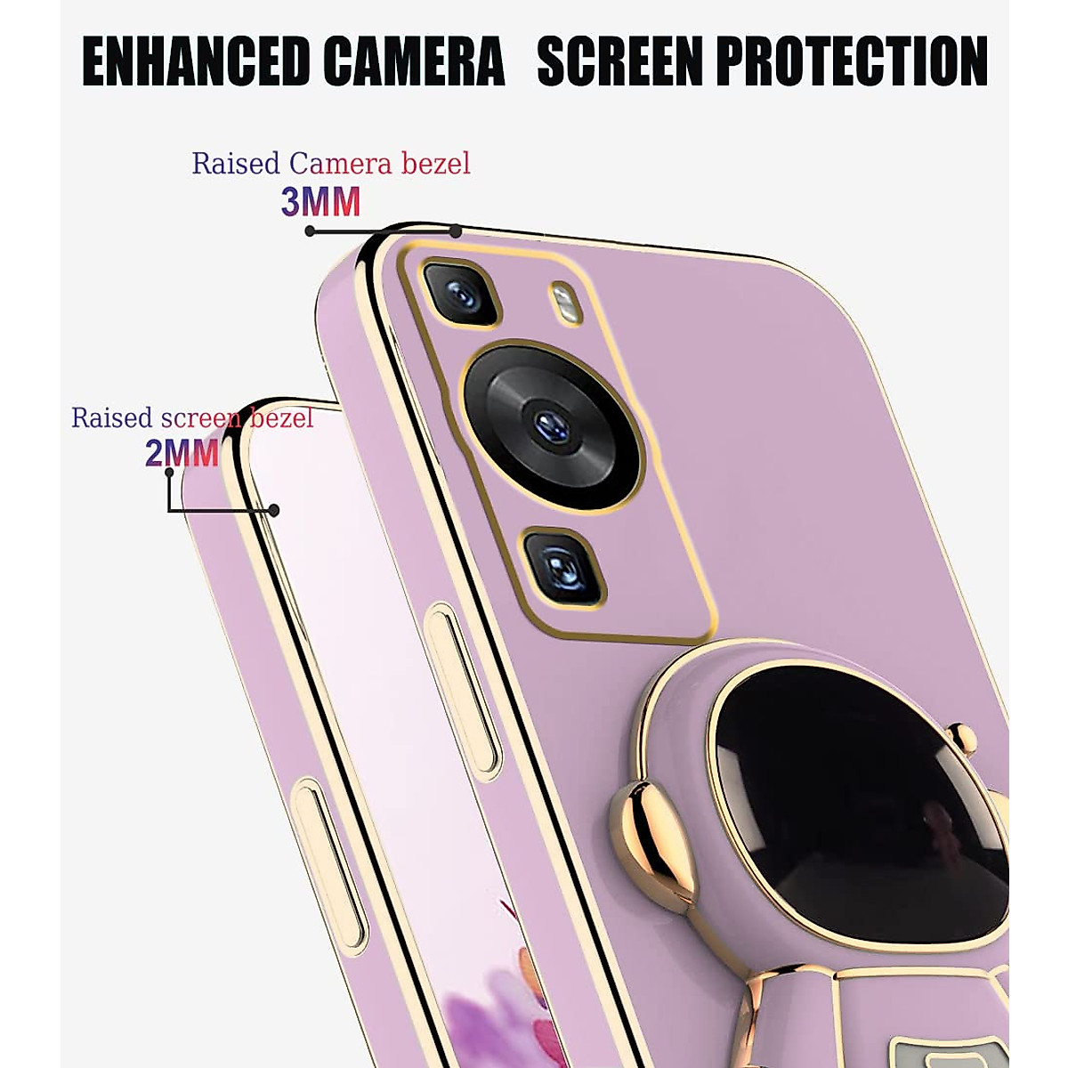 Compatible with Huawei P60 Pro Case for Women Men, Ultra Soft Huawei P60 Pro Phone Case with Stand Silicone TPU Plating Cute Astronaut Pattern Cases Cover (Purple)