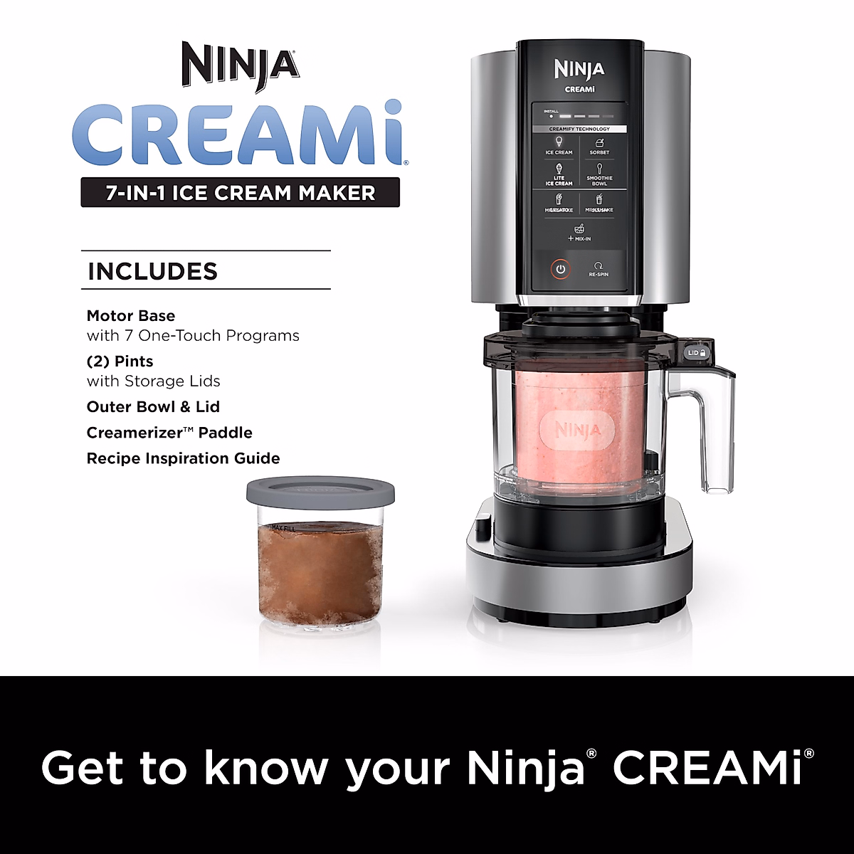 Ninja NC301 CREAMi Ice Cream Maker, for Gelato, Mix-ins, Milkshakes, Sorbet, Smoothie Bowls & More, 7 One-Touch Programs, with (2) Pint Containers & Lids, Compact Size, Perfect for Kids, Silver