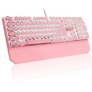 MageGee Typewriter Mechanical Gaming Keyboard, Retro Pink Punk Round Keycaps LED White Backlit Wired Keyboards with Detachable Wrist Rest for Game and Office, for Windows Laptop PC Mac - Blue Switches