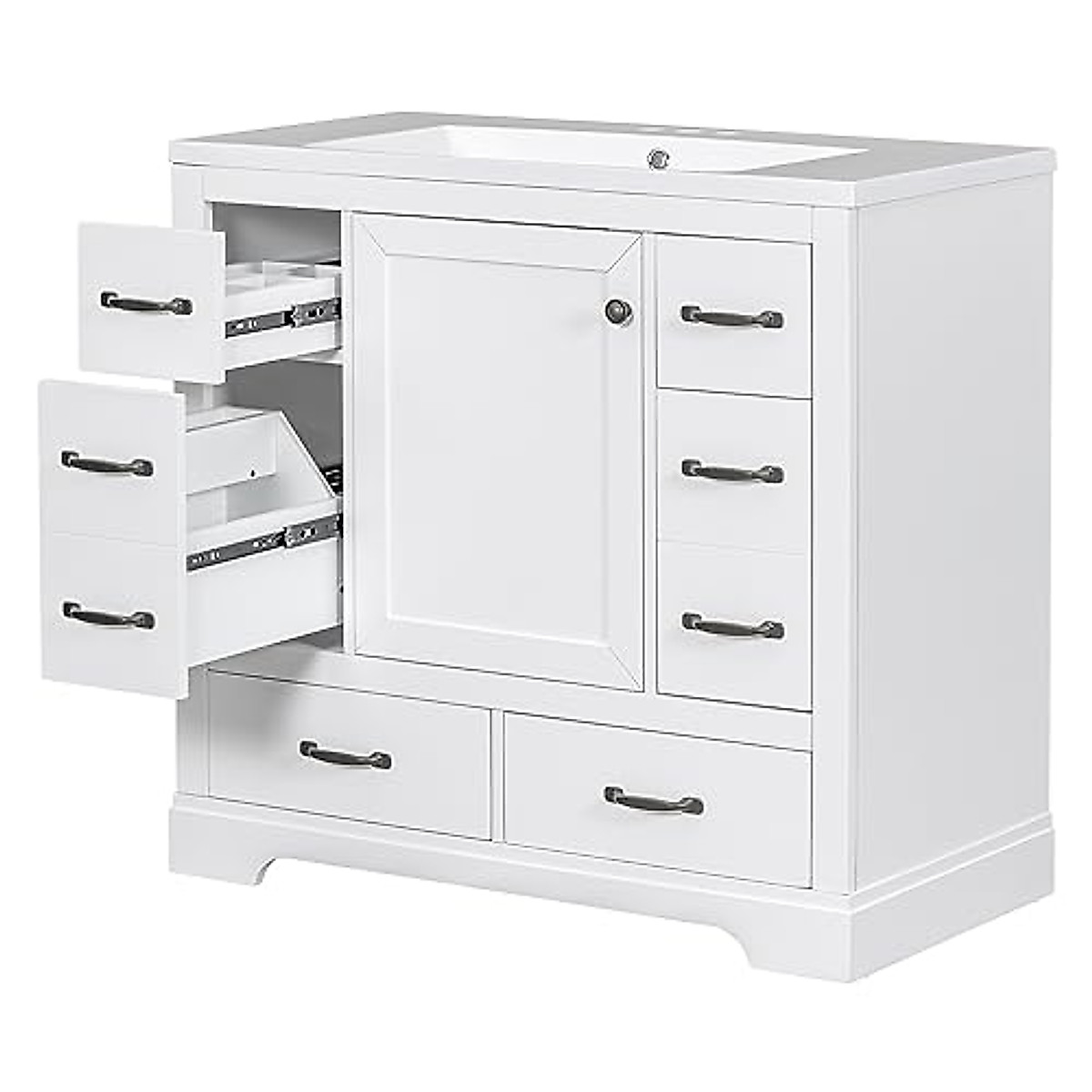 Merax 36" Bathroom Vanities Sink Set, Ceramic Undermount Top, Freestanding Cabinet with Door and Multi-Functional Drawers, Storage Divider, White