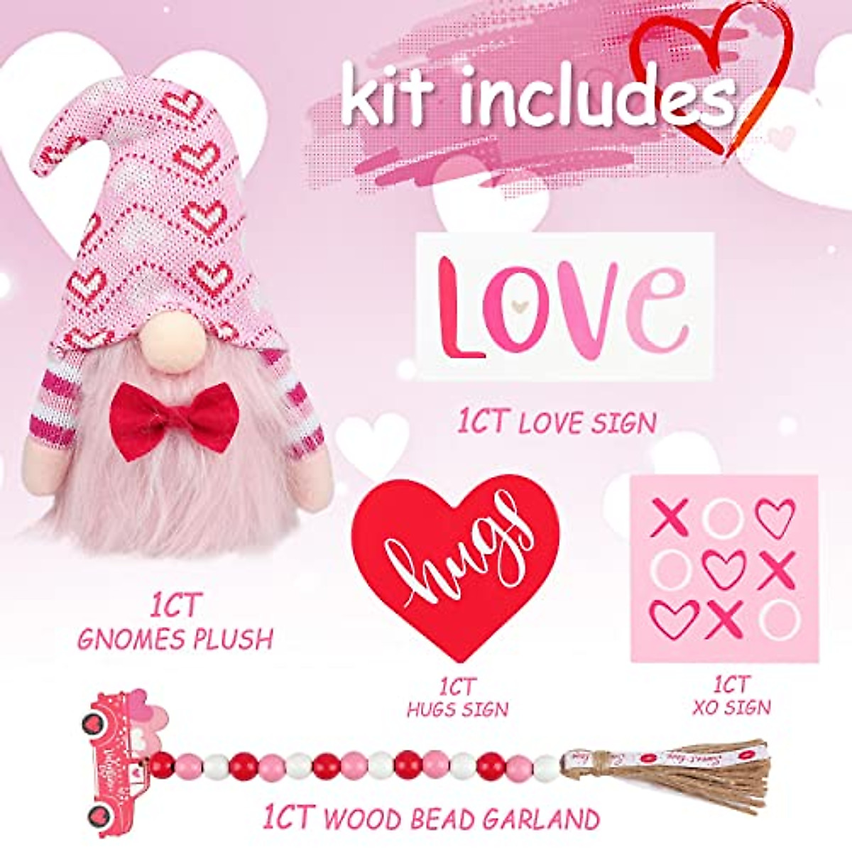 Boribim Valentines Day Decor - Valentines Day Tiered Tray Decor, XO Love Hugs Wooden Signs Cute Gnomes Plush with Bead Garland - Farmhouse Rustic Tiered Tray Items Decorations for Home Room Table