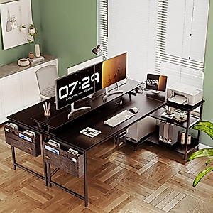 ODK L Shaped 66 Inch Computer Desk with USB Charging Port & Power Outlet, L-Shaped Gaming Desk with Storage Shelves & Monitor Shelf for Home Office Workstation, Modern Writing Table, Black