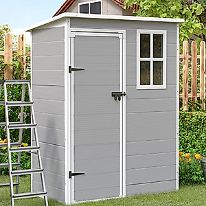 UDPATIO Outdoor Resin Storage Shed 5x3 FT, Plastic Garden Shed for Bike, Garbage Can, Tool, Outside Sheds & Outdoor Storage Storage Box with Lockable Door for Backyard, Patio, Lawn, Grey & White