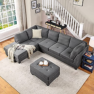Reversible Modular Sectional Sofa,Longue Chaise,Rivet Ornament L-Shape Corner 5-Seat Couch Upholstered Sofá with Storage Ottoman&2 Cup Holders for Living Room Furniture Sets