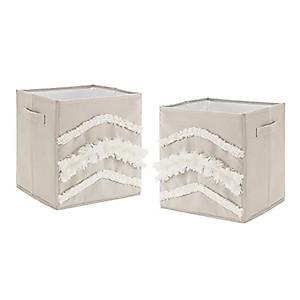 Sweet Jojo Designs Boho Bohemian Foldable Fabric Storage Cube Bins Boxes Organizer Toys Kid Baby Children - Set of 2 - Solid Taupe Beige Ivory Cream Off White Linen Farmhouse Shabby Chic Modern Tufted