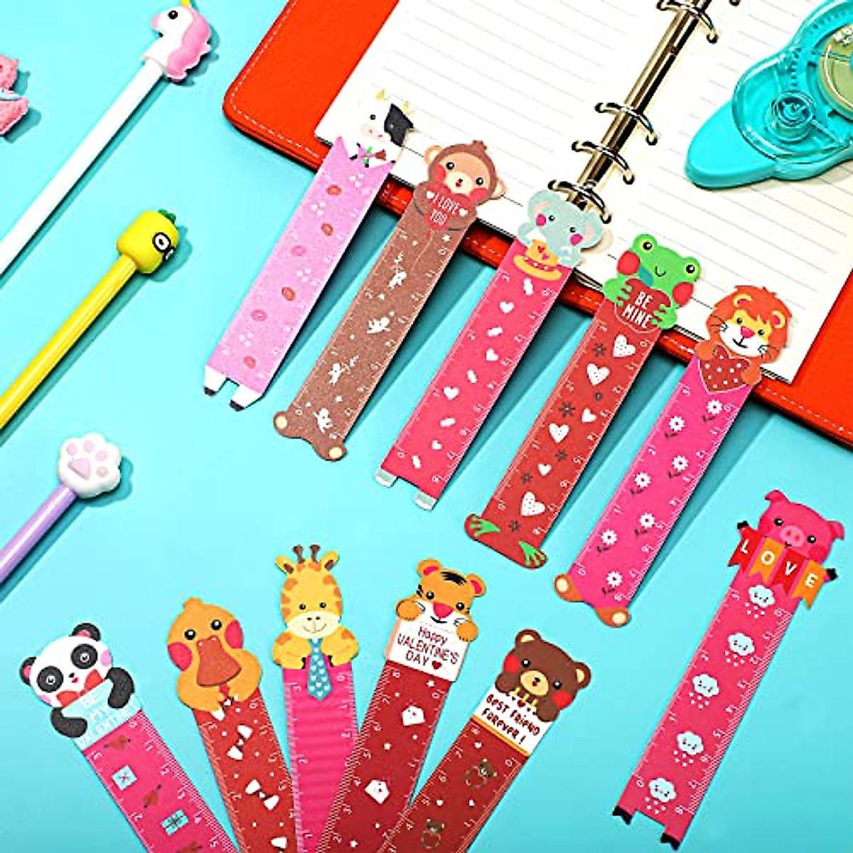 72 Pcs Valentine Animals Bookmark Rulers Party Favor Pack with Valentine's Themed Prints Cartoon Animals Book Marks Valentines Book Marks for Valentines Party Decoration Classroom Rewards and Present