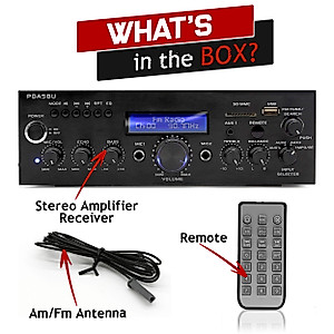 Pyle 200W Audio Stereo Receiver - Wireless Bluetooth Power Amplifier Home Entertainment System w/ AUX in, USB Port, 2 Karaoke Microphone Input, Remote -PDA5BU.0, Black