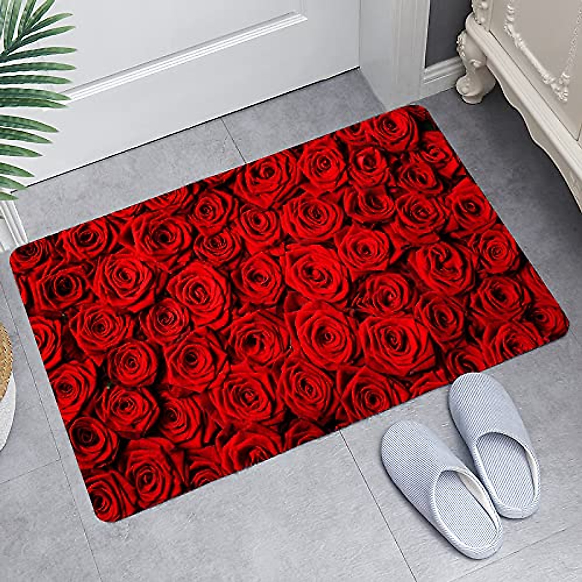 Red Rose Flower Print 17MM Thick Memory Foam Bathroom Carpet and Door Mat Non-Slip Absorbent Super Bath Mats Comfortable Flannel Bathroom Carpet Bed Rug 29 X 17 Inches