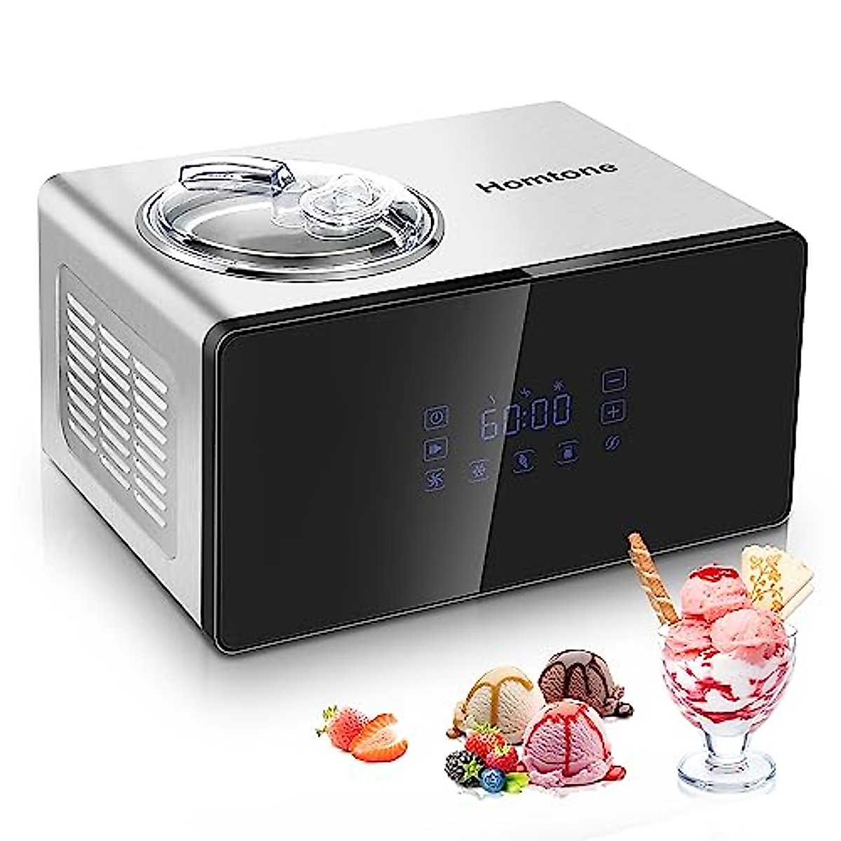 Homtone 1.6 Quart Ice Cream Maker Machine with Compressor, No Pre-freezing, 4 Modes, Adjusted Speed Frozen Yogurt Machine with LCD Display & Timer, Automatic Homemade Sorbet Maker Gelato Maker, Keep Cool for 2H-Make Soft & Hard Ice Cream in 60min