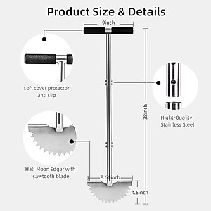 Fadown Edger Lawn Tool Half Moon Lawn Edger with Saw-Tooth Blade for Cleaning Edges Along Sidewalks Driveways Garden Flower Beds-Made of Stainless Steel with T-Grip Handle