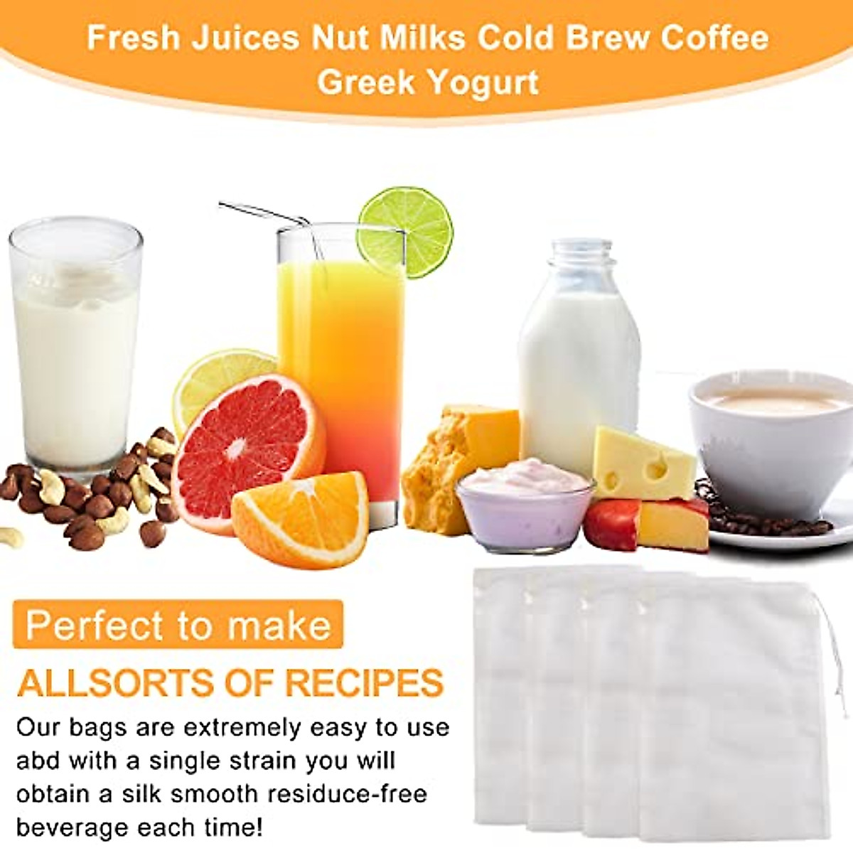 Kimmama 4 Pack Nut Milk Bag,Food Grade Nylon Nut Bag Strainer,7.9 x 11.8 inch Cheese Cloth Bag for Straining Fruit Juice,Nut Milk,Doufu,Almond,Coffee,Yogurt and Soup (Nylon, 7.9x11.8)