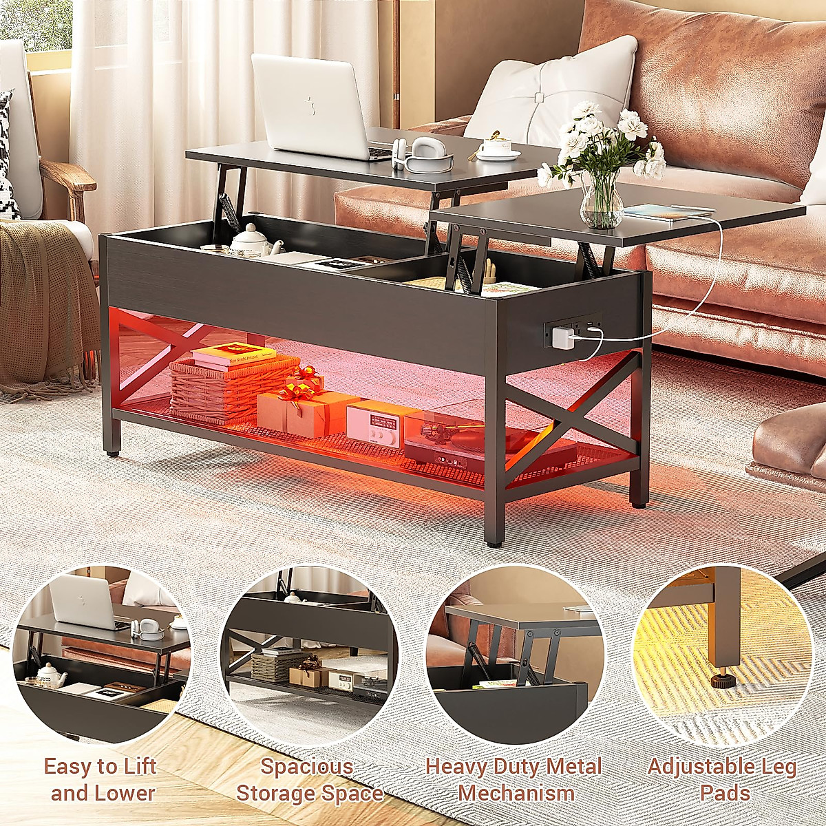 Besiost Lift Top Coffee Table with Storage, LED Light & Power Outlet and Hidden Compartment, Retro Center Table for Living Room, X Support Wood Tabletop, Metal Frame