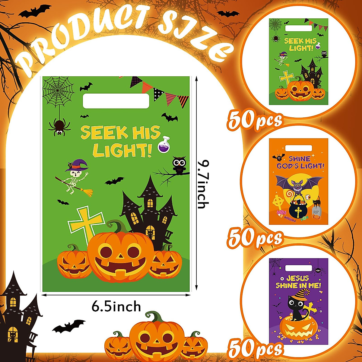 Qilery 150 Pcs Halloween Plastic Bags Religious Candy Gift Bags Christian Trick Treat Bags Pumpkin Treat Bags Trick or Treat Bags Church Bags Halloween Party Favor Supplies