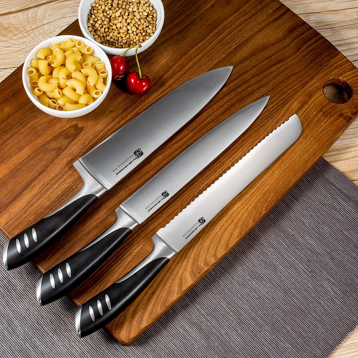 Premium 8-Piece German High Carbon Stainless Steel Kitchen Knives Set with Rubber Wood Block, Professional Double Forged Full Tang Chef Knife Set