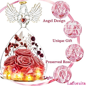 Lafloraita Mothers Day Preserved Rose Gifts for Women Mom Grandma Wife,Glass Angel Figurines with LED Light,Four Real Rose Flowers Sweet Pink