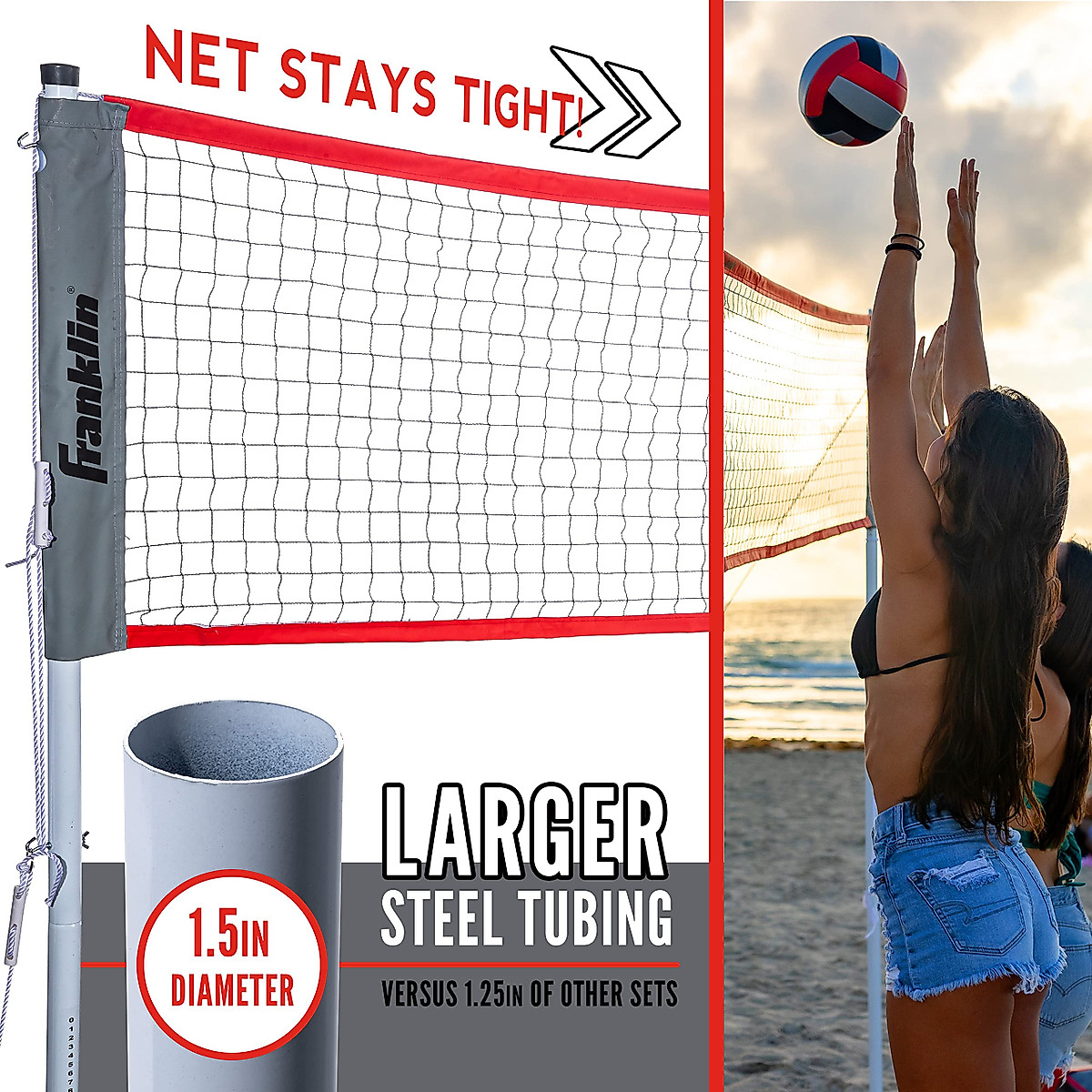 Franklin Sports Elite Volleyball Net Set - Includes Pro Style Volleyball with Pump, Poles/Net, Stakes, Ropes, Boundary Kit- Beach or Backyard Volleyball - Easy Setup