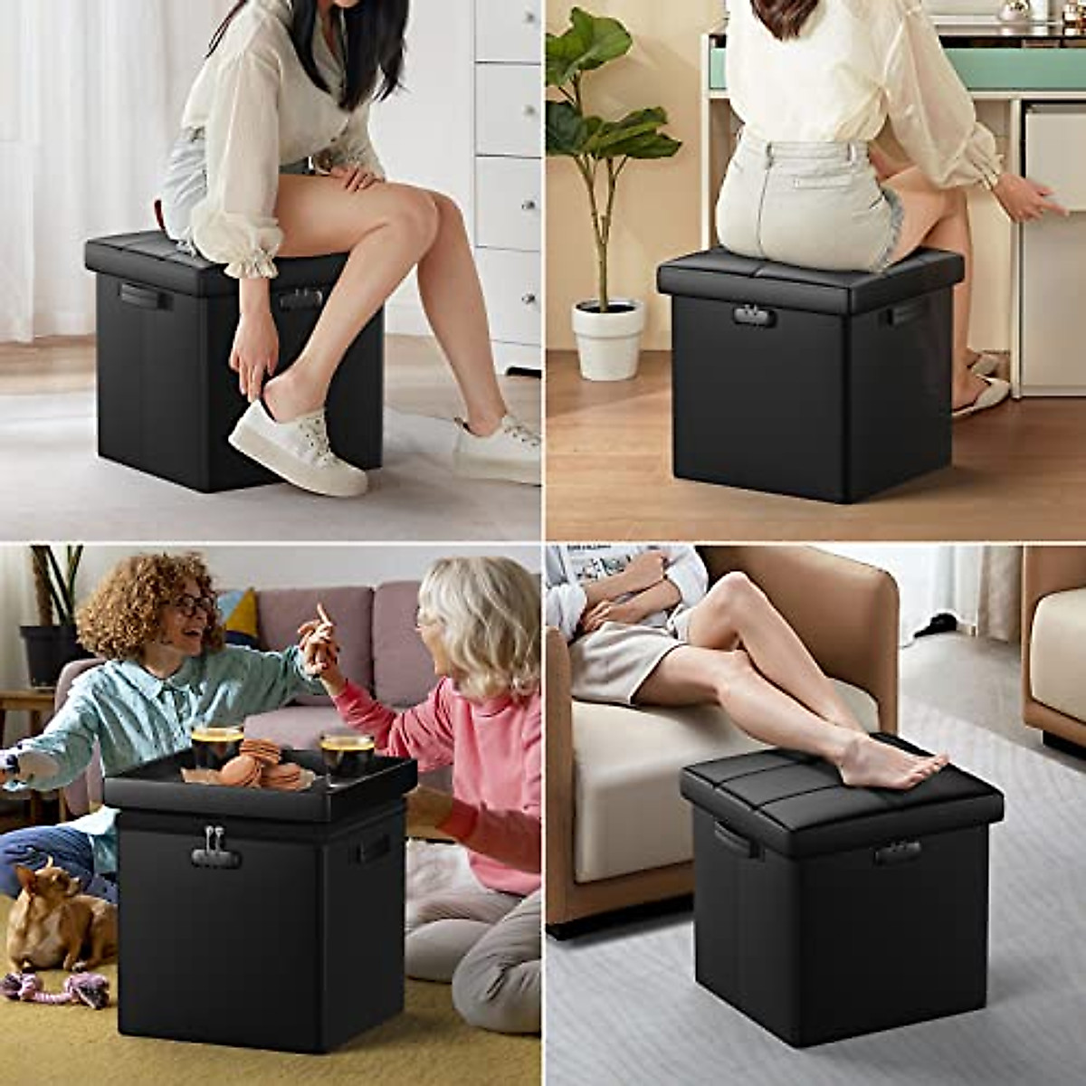ENGPOW Storage Ottoman,Fireproof ＆ Waterproof Folding Ottoman Cube Storage Stool with Lock,Leather Square Ottoman Storage Chest Safe for Living Room, Bedroom, Home Office,Dorm,15"x15"x15",Black