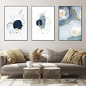3 Framed Abstract Canvas Wall Art, Artwork in Blue, White and Grey, Simple and Elegant for Living Room Bedroom Office Decor