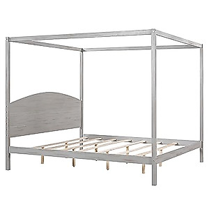 King Size Canopy Bed Frame with Headboard and Support Legs, King Canopy Bed King Size Canopy Bed Frame, Solid Wood King Bed Frame, 4-Post Canopy Bed Frame, No Box Spring Needed, Grey Wash